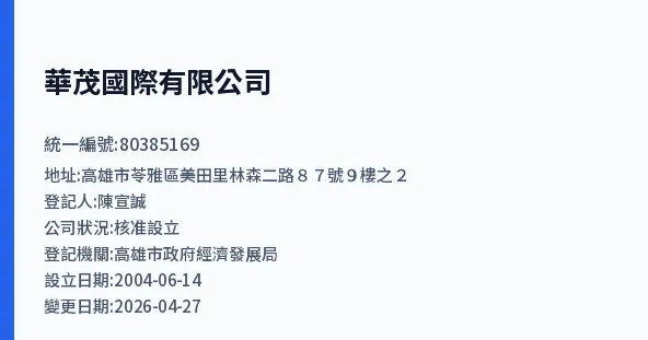 華茂國際有限公司的照片-統編 80385169(高雄市) 公司登記資料與營業項目詳細圖表