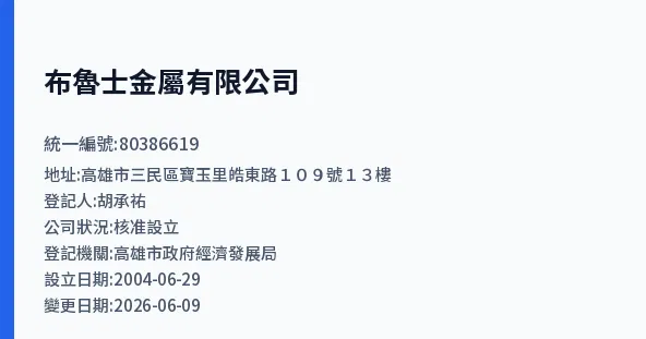 布魯士金屬有限公司的照片-統編 80386619(高雄市) 公司登記資料與營業項目詳細圖表