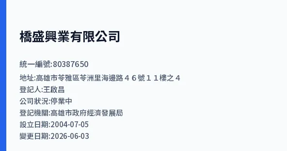 橋盛興業有限公司的照片-統編 80387650(高雄市) 公司登記資料與營業項目詳細圖表