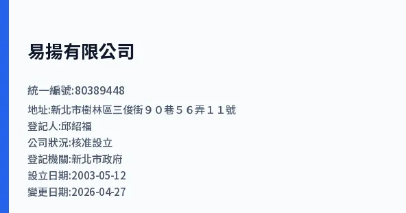 易揚有限公司的照片-統編 80389448(新北市) 公司登記資料與營業項目詳細圖表