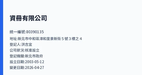 資冊有限公司的照片-統編 80390135(新北市) 公司登記資料與營業項目詳細圖表