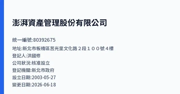 澎湃資產管理股份有限公司的照片-統編 80392675(新北市) 公司登記資料與營業項目詳細圖表