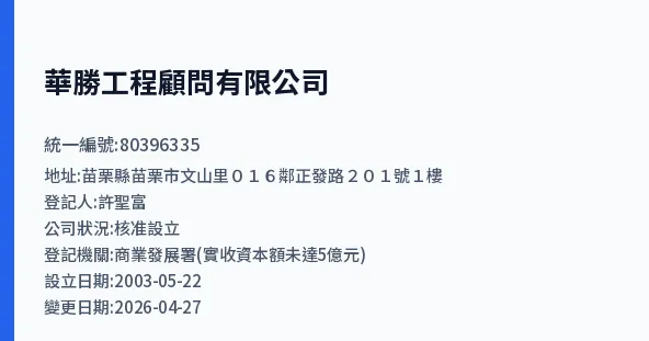 華勝工程顧問有限公司的照片-統編 80396335(苗栗縣) 公司登記資料與營業項目詳細圖表