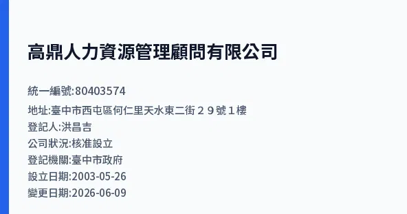 高鼎人力資源管理顧問有限公司的照片-統編 80403574(臺中市) 公司登記資料與營業項目詳細圖表
