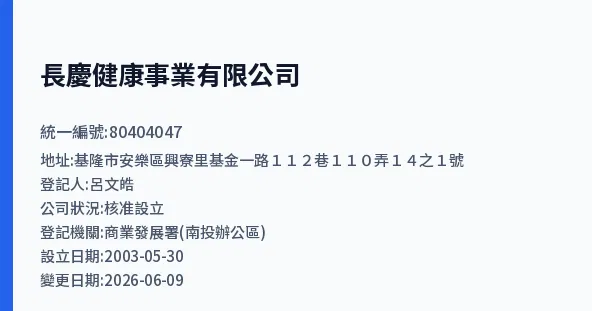 長慶健康事業有限公司的照片-統編 80404047(基隆市) 公司登記資料與營業項目詳細圖表
