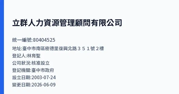立群人力資源管理顧問有限公司的照片-統編 80404525(臺中市) 公司登記資料與營業項目詳細圖表