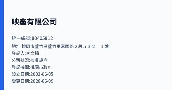 映鑫有限公司的照片-統編 80405812(桃園市) 公司登記資料與營業項目詳細圖表