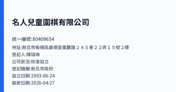 名人兒童圍棋有限公司的照片-統編 80409654(新北市) 公司登記資料與營業項目詳細圖表