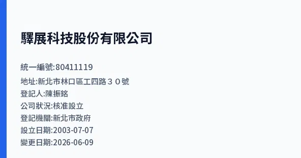 驛展科技股份有限公司的照片-統編 80411119(新北市) 公司登記資料與營業項目詳細圖表