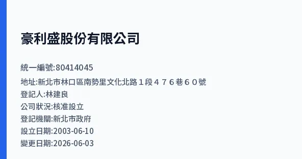 豪利盛股份有限公司的照片-統編 80414045(新北市) 公司登記資料與營業項目詳細圖表