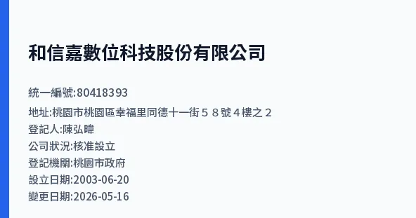 和信嘉數位科技股份有限公司的照片-統編 80418393(桃園市) 公司登記資料與營業項目詳細圖表