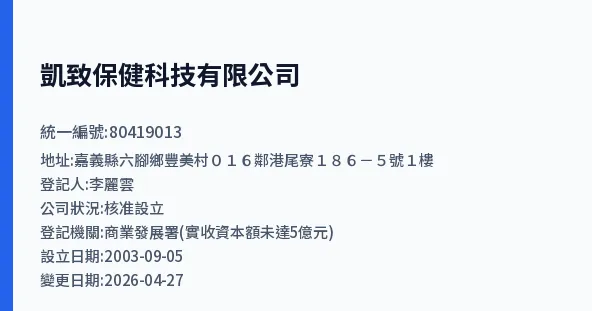 凱致保健科技有限公司的照片-統編 80419013(嘉義縣) 公司登記資料與營業項目詳細圖表