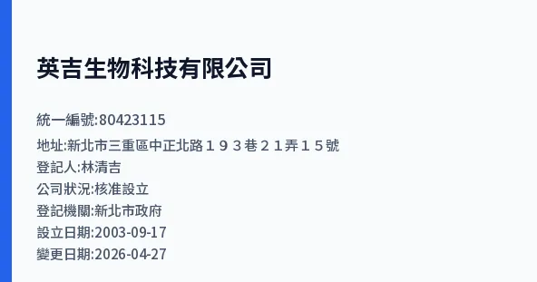 英吉生物科技有限公司的照片-統編 80423115(新北市) 公司登記資料與營業項目詳細圖表