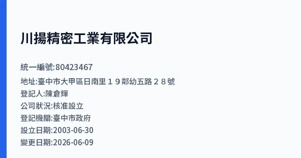 川揚精密工業有限公司的照片-統編 80423467(臺中市) 公司登記資料與營業項目詳細圖表