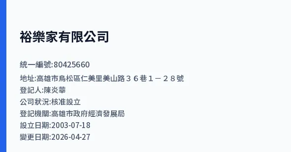裕樂家有限公司的照片-統編 80425660(高雄市) 公司登記資料與營業項目詳細圖表