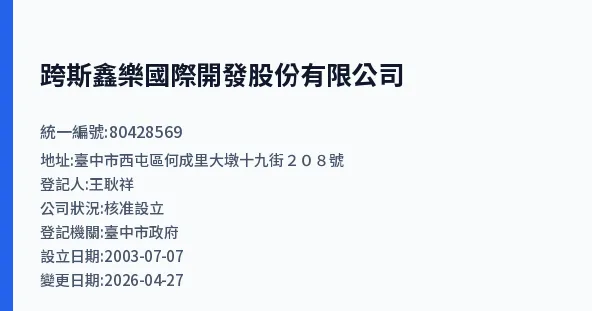 跨斯鑫樂國際開發股份有限公司的照片-統編 80428569(臺中市) 公司登記資料與營業項目詳細圖表