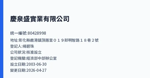慶泉盛實業有限公司的照片-統編 80428998(彰化縣) 公司登記資料與營業項目詳細圖表