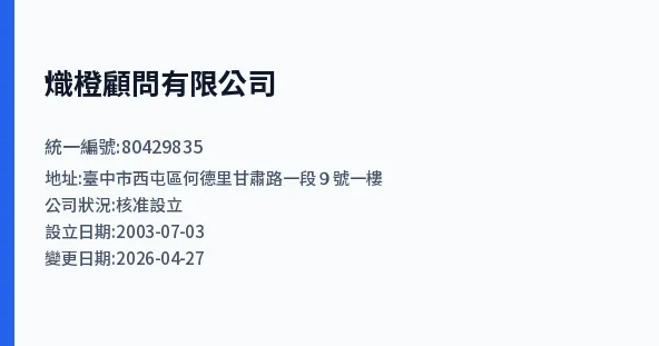 熾橙顧問有限公司的照片-統編 80429835(臺中市) 公司登記資料與營業項目詳細圖表