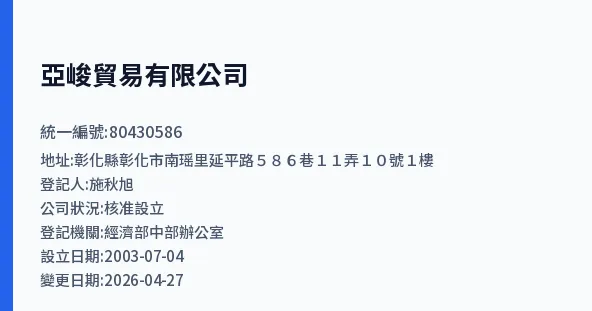 亞峻貿易有限公司的照片-統編 80430586(彰化縣) 公司登記資料與營業項目詳細圖表