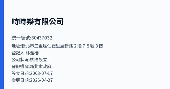 時時樂有限公司的照片-統編 80437032(新北市) 公司登記資料與營業項目詳細圖表