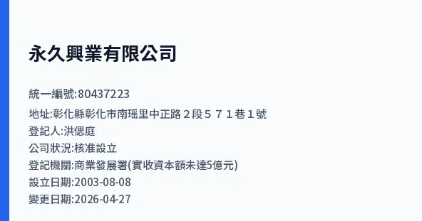 永久興業有限公司的照片-統編 80437223(彰化縣) 公司登記資料與營業項目詳細圖表