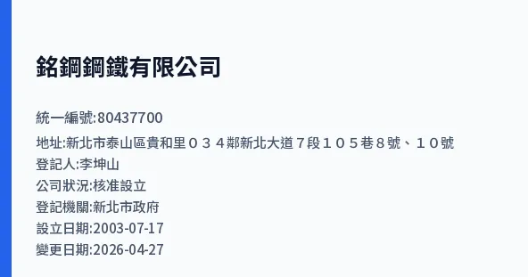 銘鋼鋼鐵有限公司的照片-統編 80437700(新北市) 公司登記資料與營業項目詳細圖表