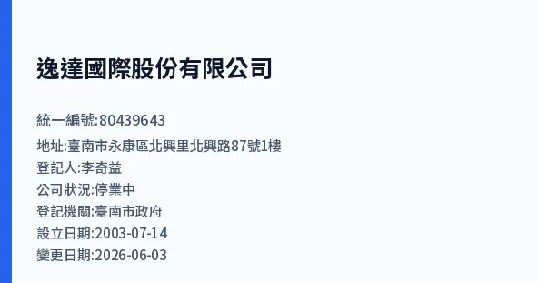 逸達國際股份有限公司的照片-統編 80439643(臺南市) 公司登記資料與營業項目詳細圖表
