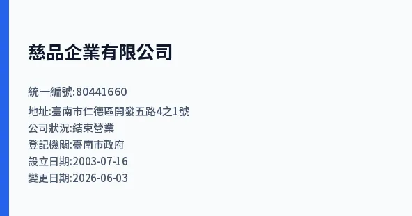 慈品企業有限公司的照片-統編 80441660(臺南市) 公司登記資料與營業項目詳細圖表