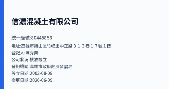 信濃混凝土有限公司的照片-統編 80445856(高雄市) 公司登記資料與營業項目詳細圖表
