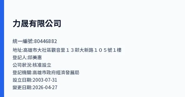 力晟有限公司的照片-統編 80446882(高雄市) 公司登記資料與營業項目詳細圖表