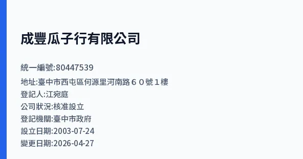 成豐瓜子行有限公司的照片-統編 80447539(臺中市) 公司登記資料與營業項目詳細圖表