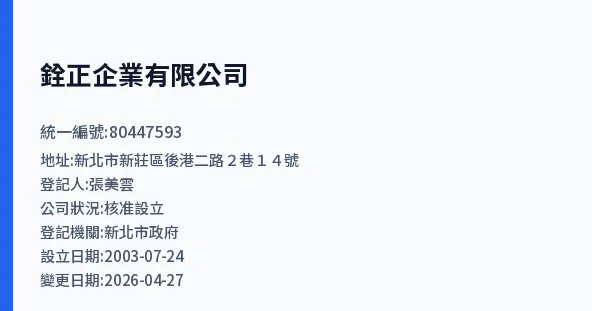 銓正企業有限公司的照片-統編 80447593(新北市) 公司登記資料與營業項目詳細圖表
