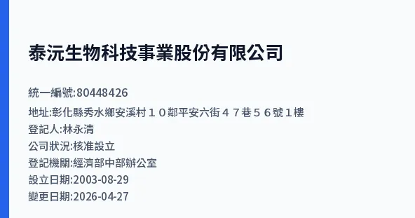 泰沅生物科技事業股份有限公司的照片-統編 80448426(彰化縣) 公司登記資料與營業項目詳細圖表