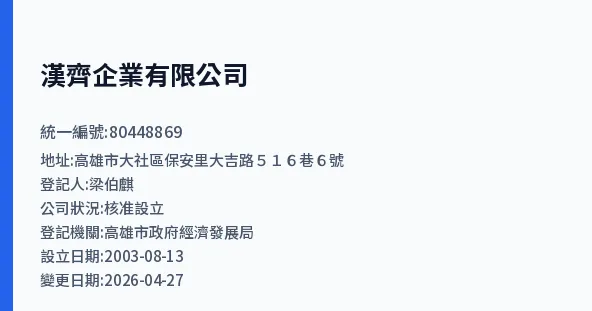漢齊企業有限公司的照片-統編 80448869(高雄市) 公司登記資料與營業項目詳細圖表