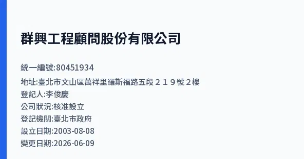 群興工程顧問股份有限公司的照片-統編 80451934(臺北市) 公司登記資料與營業項目詳細圖表