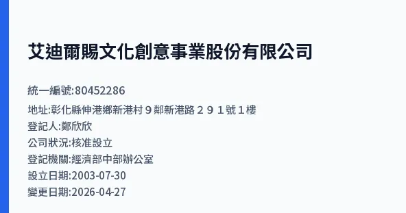 艾迪爾賜文化創意事業股份有限公司的照片-統編 80452286(彰化縣) 公司登記資料與營業項目詳細圖表