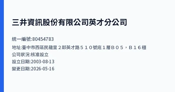 三井資訊股份有限公司英才分公司的照片-統編 80454783(臺中市) 公司登記資料與營業項目詳細圖表