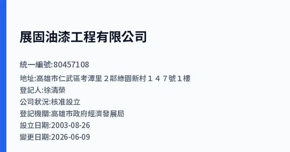 展固油漆工程有限公司的照片-統編 80457108(高雄市) 公司登記資料與營業項目詳細圖表