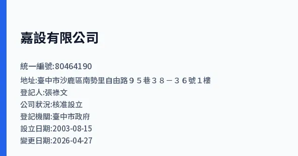 嘉設有限公司的照片-統編 80464190(臺中市) 公司登記資料與營業項目詳細圖表