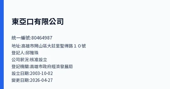 東亞口有限公司的照片-統編 80464987(高雄市) 公司登記資料與營業項目詳細圖表