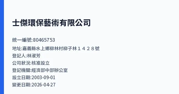 士傑環保藝術有限公司的照片-統編 80465753(嘉義縣) 公司登記資料與營業項目詳細圖表