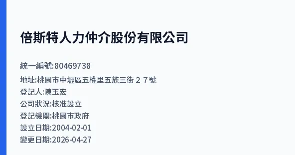 倍斯特人力仲介股份有限公司的照片-統編 80469738(桃園市) 公司登記資料與營業項目詳細圖表
