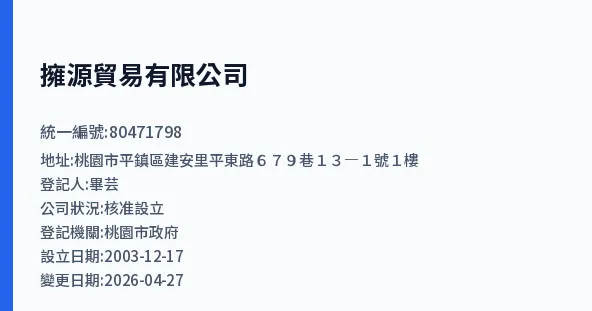 擁源貿易有限公司的照片-統編 80471798(桃園市) 公司登記資料與營業項目詳細圖表