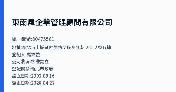 東南風企業管理顧問有限公司的照片-統編 80475561(新北市) 公司登記資料與營業項目詳細圖表