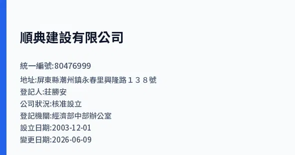 順典建設有限公司的照片-統編 80476999(屏東縣) 公司登記資料與營業項目詳細圖表