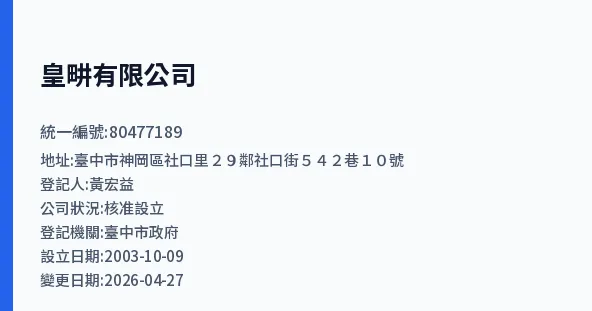 皇畊有限公司的照片-統編 80477189(臺中市) 公司登記資料與營業項目詳細圖表