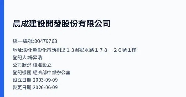 晨成建設開發股份有限公司的照片-統編 80479763(彰化縣) 公司登記資料與營業項目詳細圖表