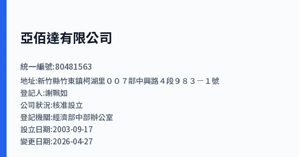 亞佰達有限公司的照片-統編 80481563(新竹縣) 公司登記資料與營業項目詳細圖表