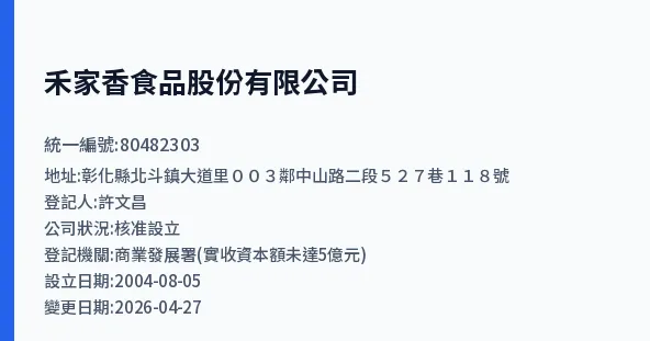 禾家香食品股份有限公司的照片-統編 80482303(彰化縣) 公司登記資料與營業項目詳細圖表