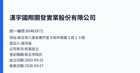 漢宇國際開發實業股份有限公司的照片-統編 80482872(新北市) 公司登記資料與營業項目詳細圖表